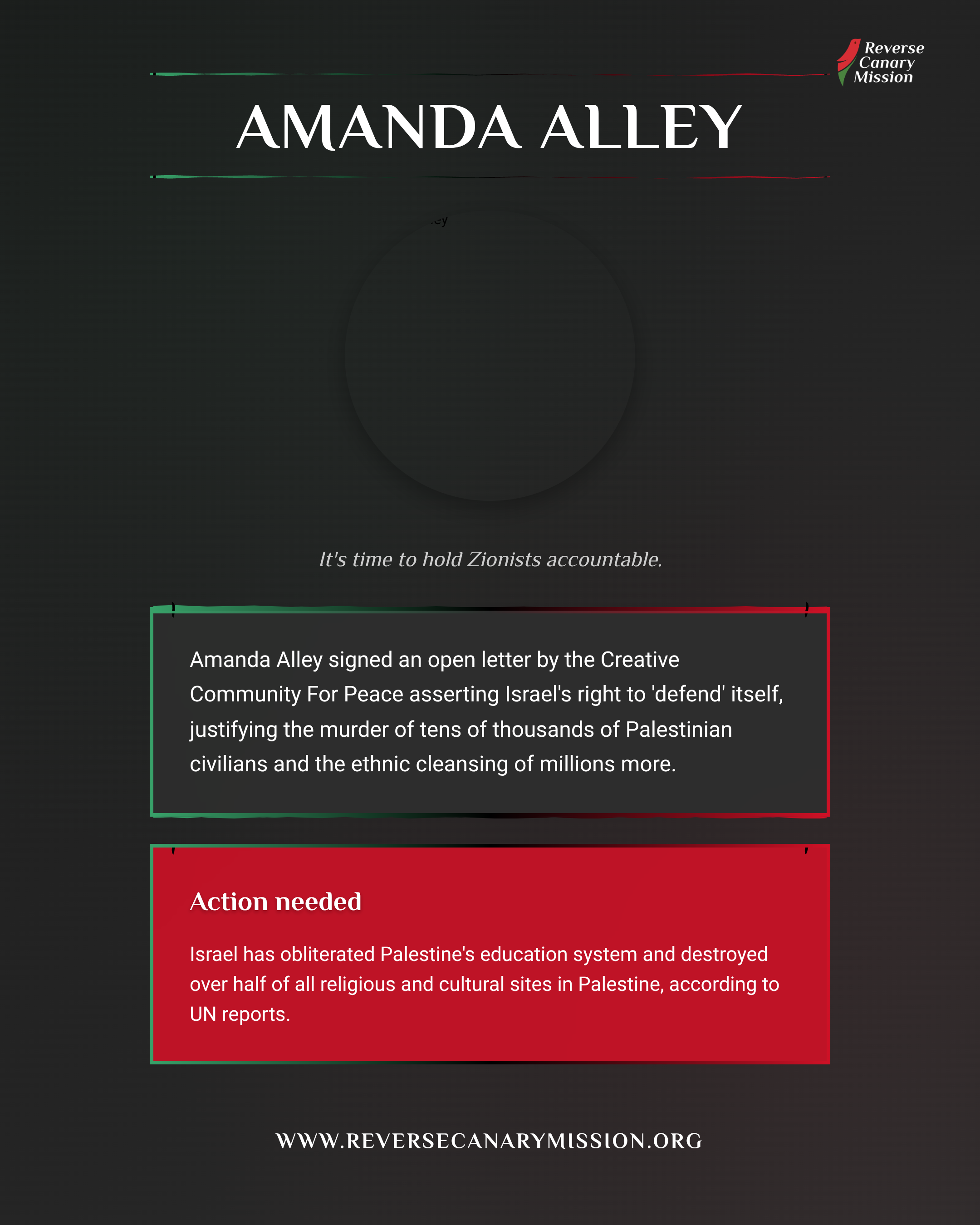 Amanda Alley - Complicit in Apartheid | Reverse Canary Mission