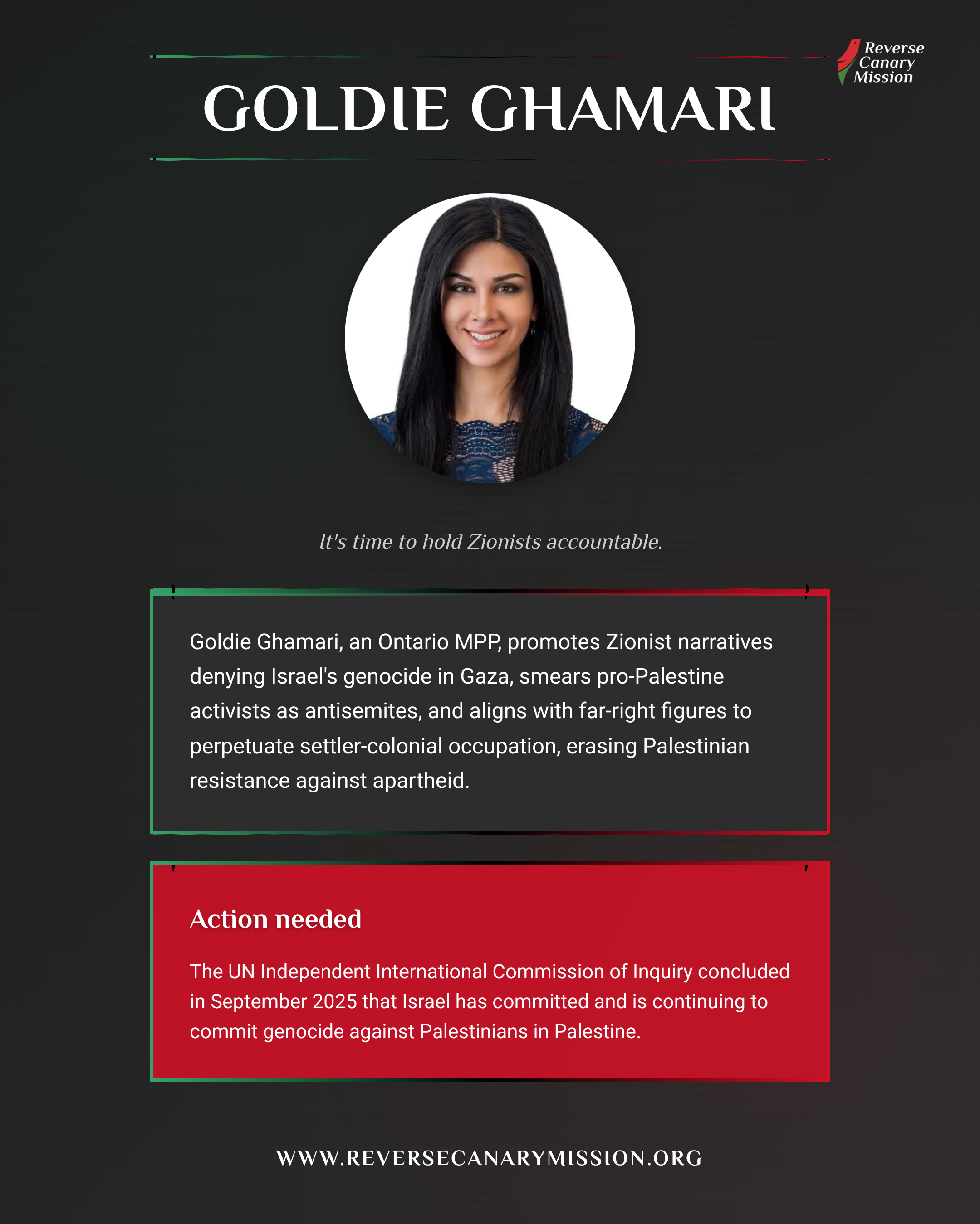 Goldie Ghamari - Complicit in Apartheid | Reverse Canary Mission